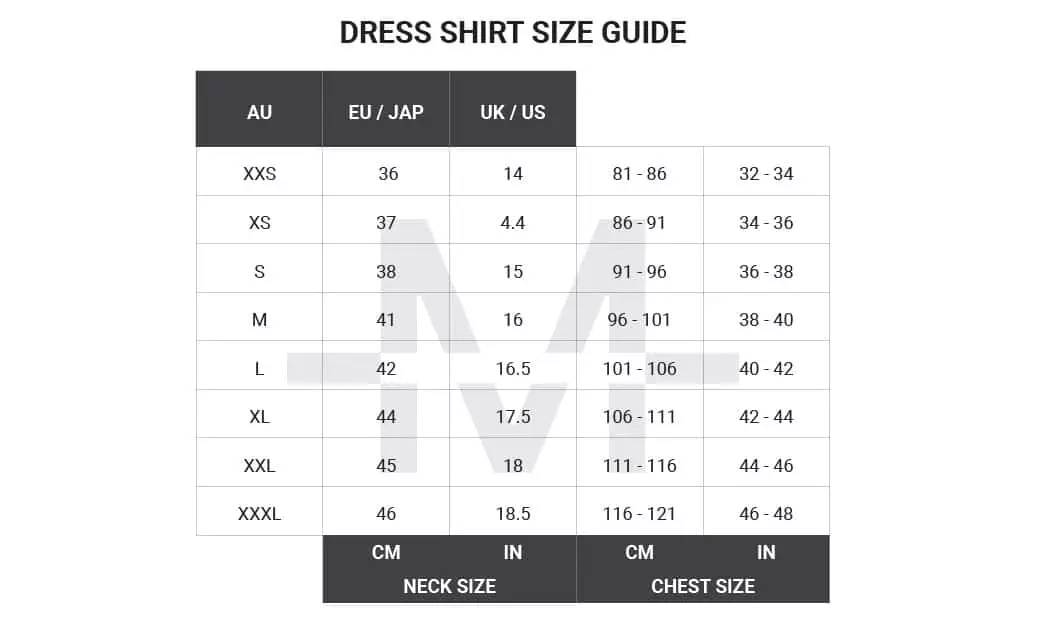 Ръководна таблица за преобразуване на размера на австралийски мъжки костюм и риза