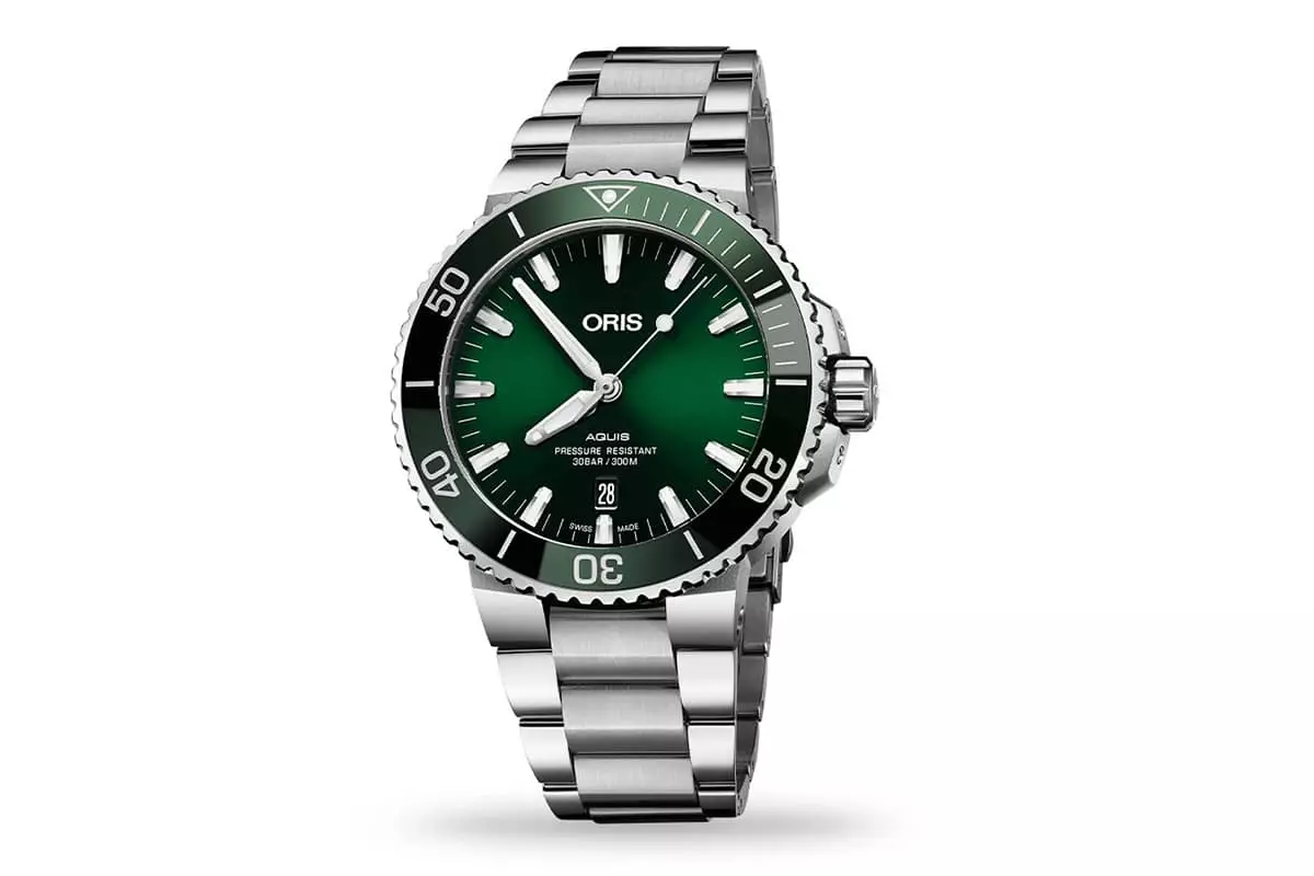 oris aquis date green dial watch