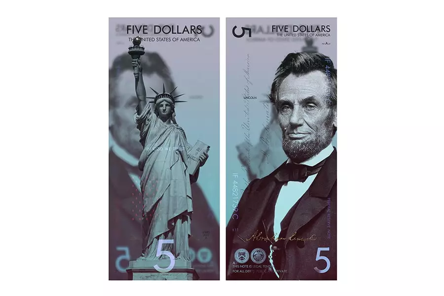 vista frontal concepto de dólar estadounidense - cinco dólares