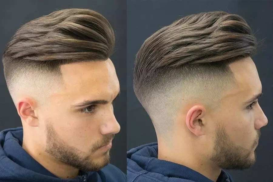 Homem com penteado de pompadour de corte de cabelo liso para trás